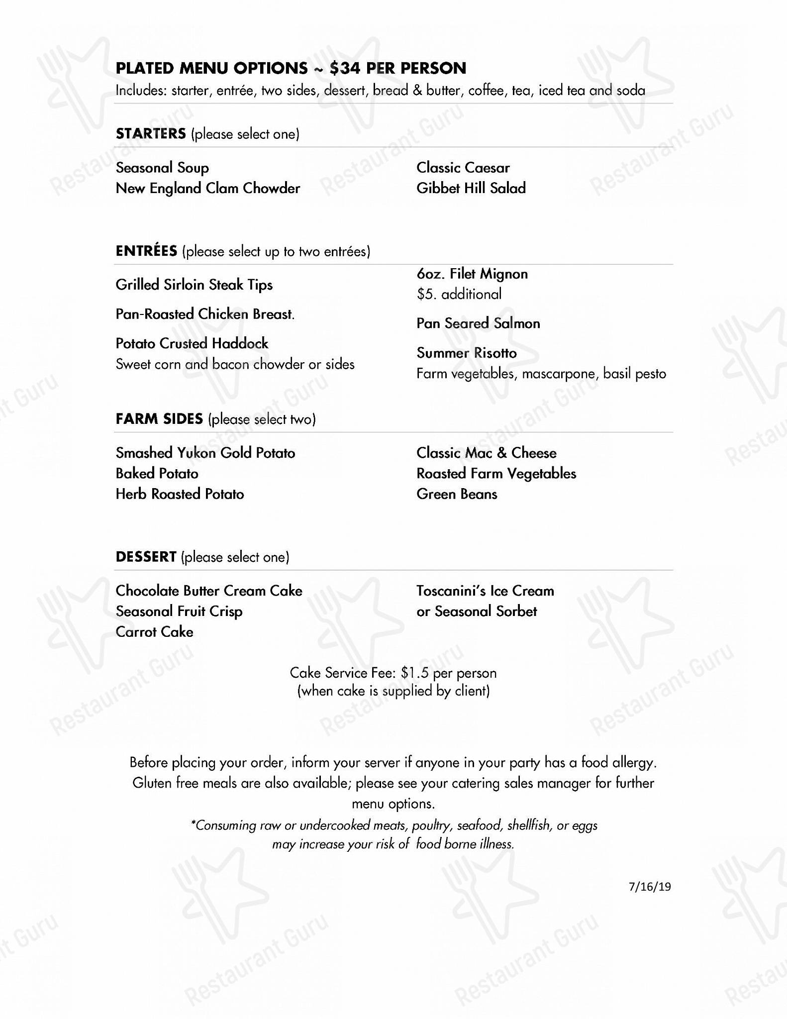Menu at Gibbet Hill Grill restaurant, Groton