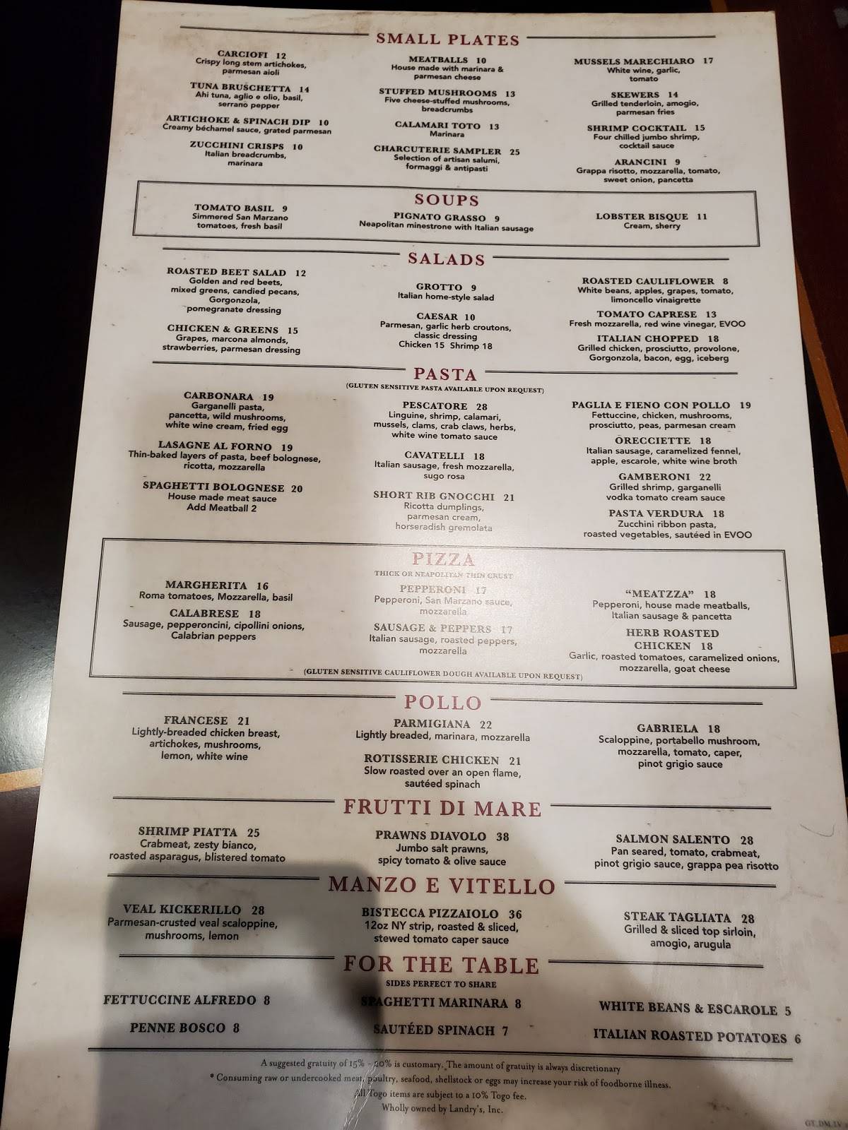 Menu at Grotto Ristorante pizzeria, Las Vegas