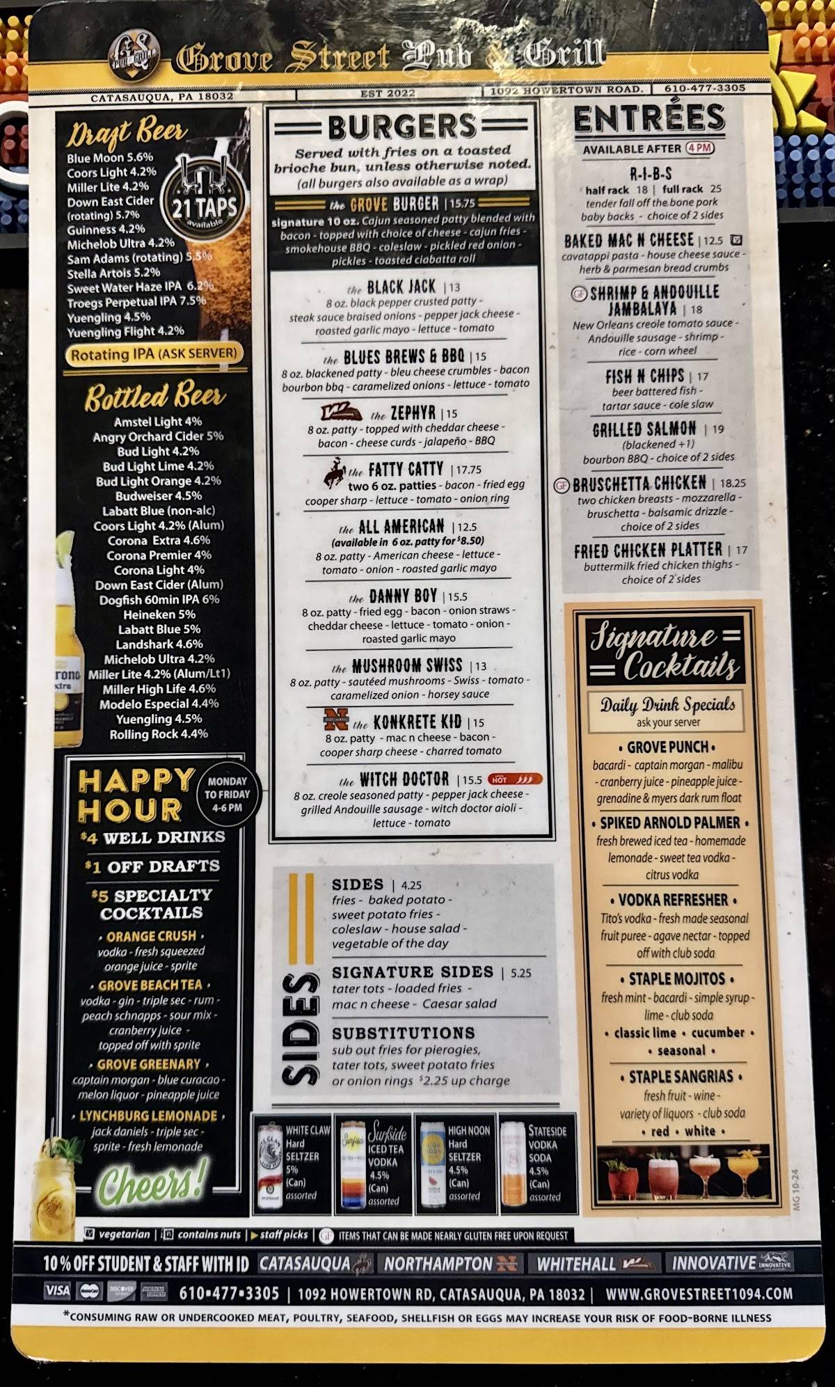 Menu at Grove Street Pub & Grill "Your Neighborhood Place", Catasauqua