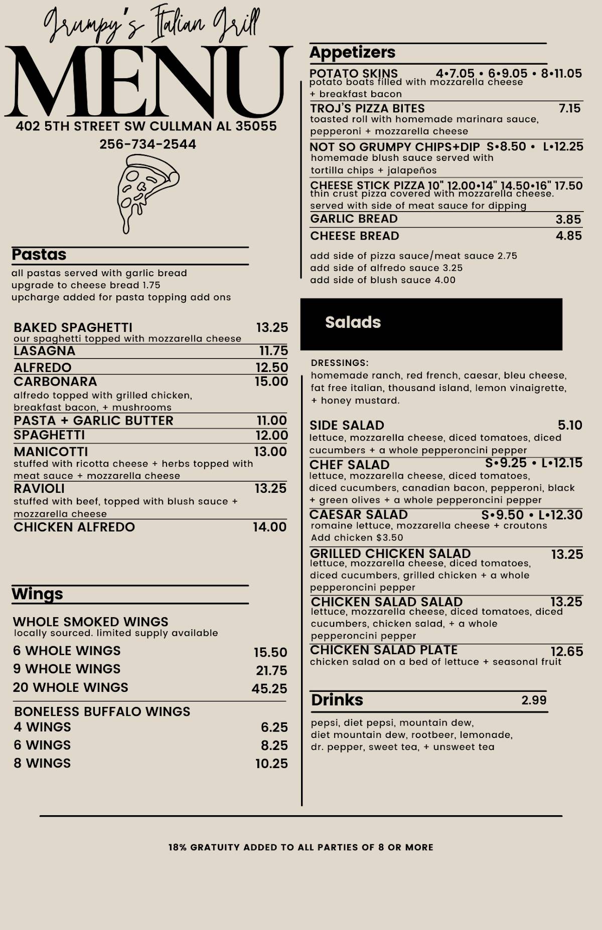 Menu at Grumpy's Italian Grill pizzeria, Cullman, 402 5th St SW