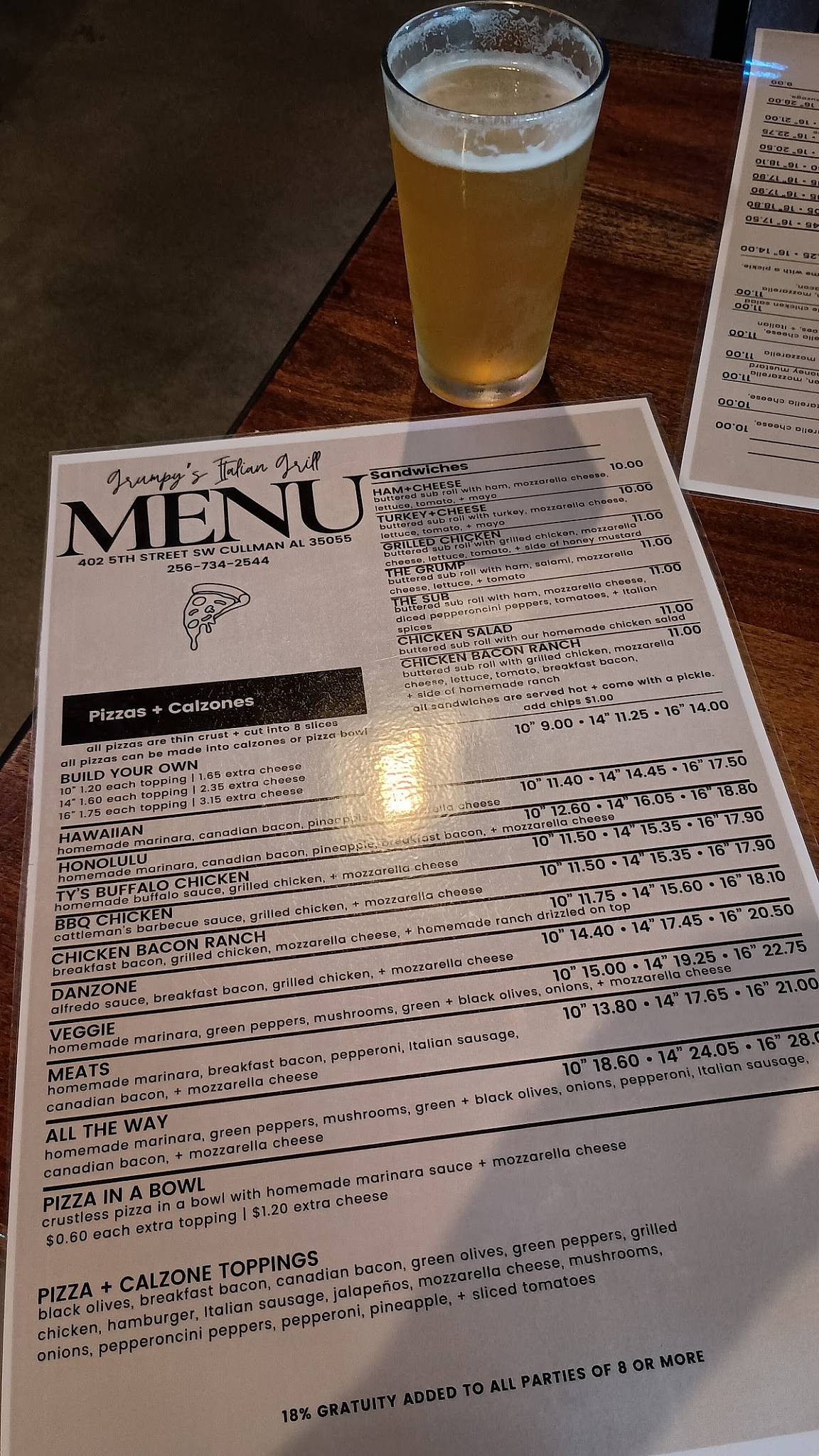Menu at Grumpy's Italian Grill pizzeria, Cullman, 402 5th St SW