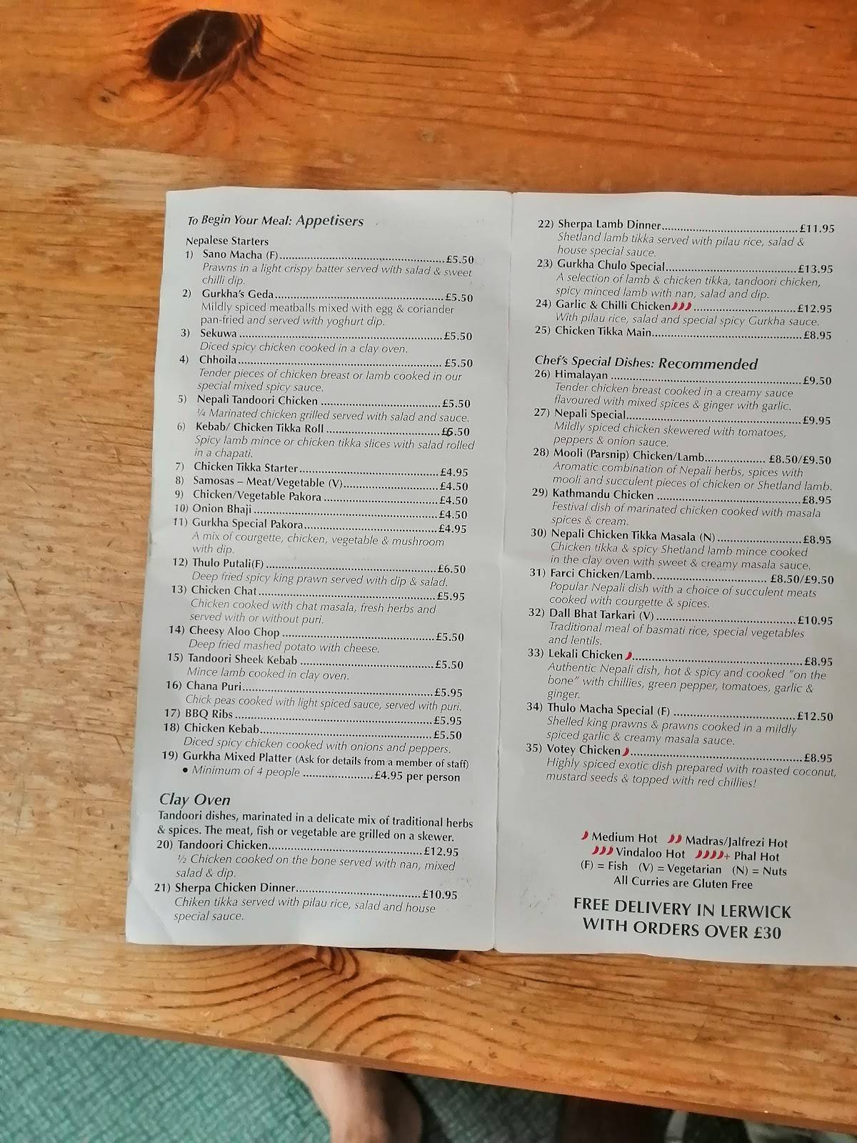 Menu at Gurkha Kitchen restaurant, Lerwick