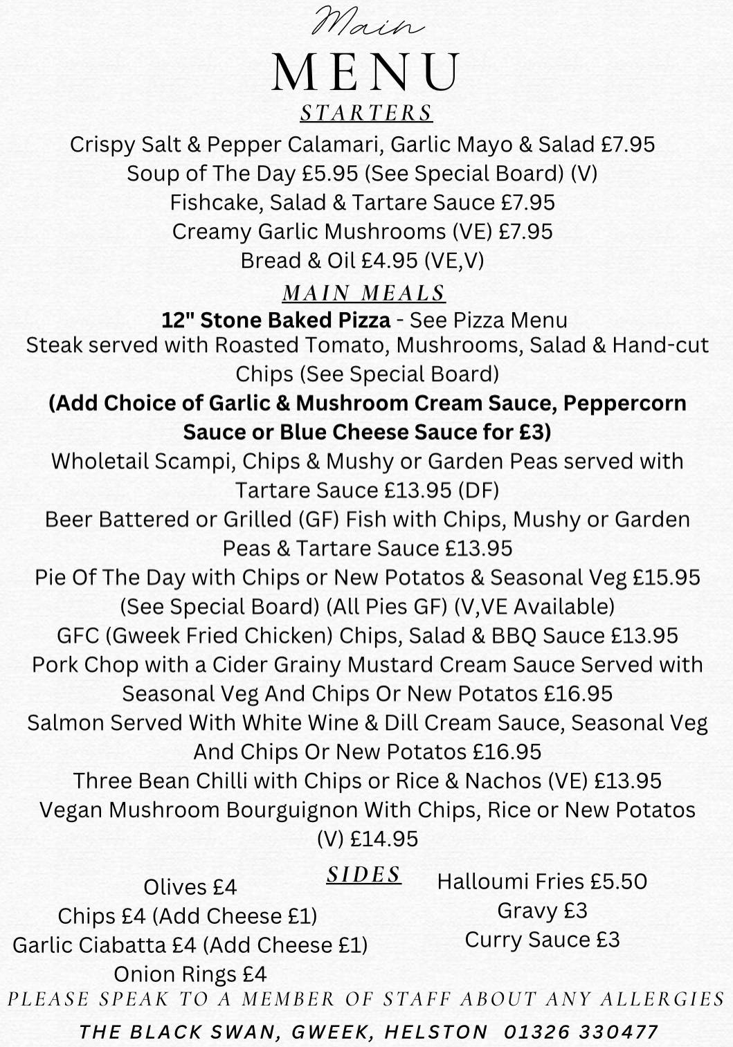 Menu at The Black Swan pub & bar, Gweek