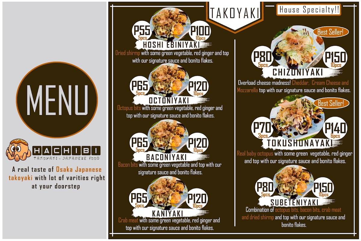 Menu at HACHIBI TAKOYAKI & MILKTEA restaurant, Calamba, CM Building