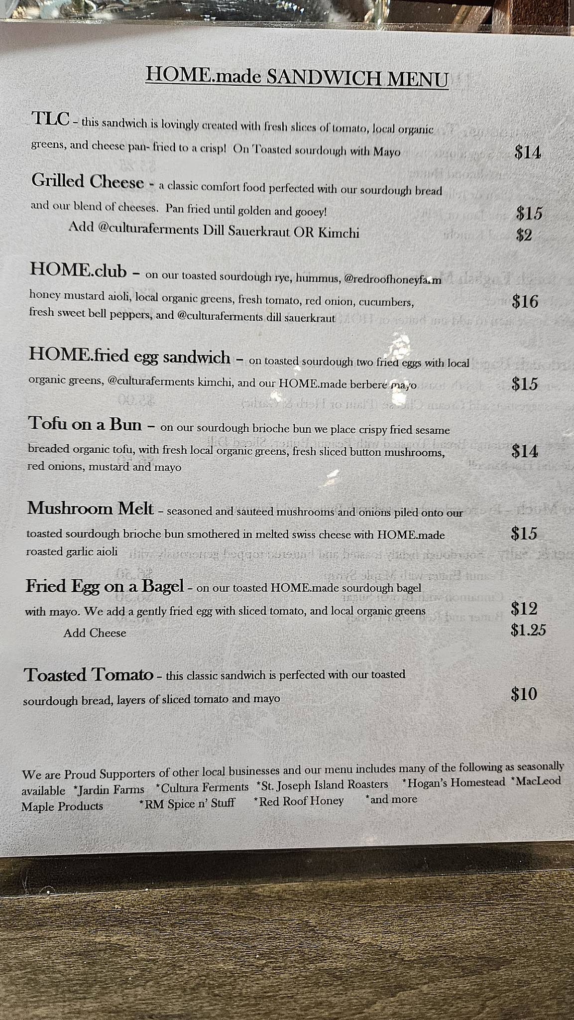Menu at HOME bakehouse & cafe, Sault Ste. Marie
