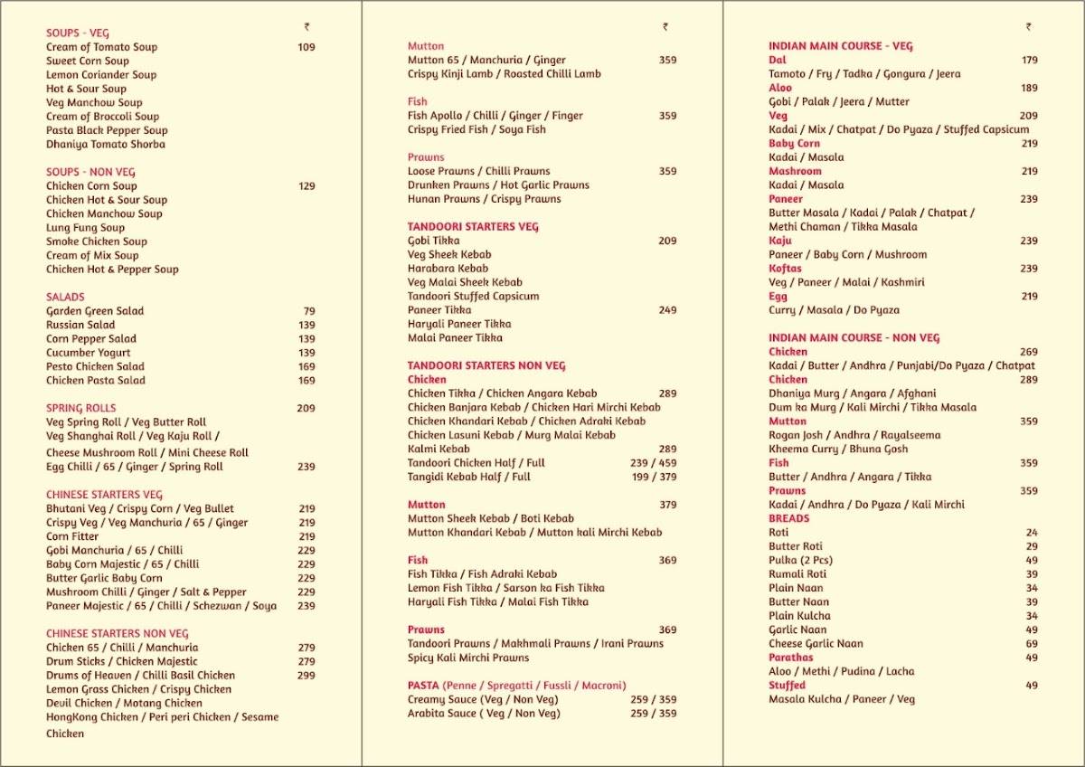 Menu at HOTEL TULIPS GRAND, Hyderabad, Turka yamjal