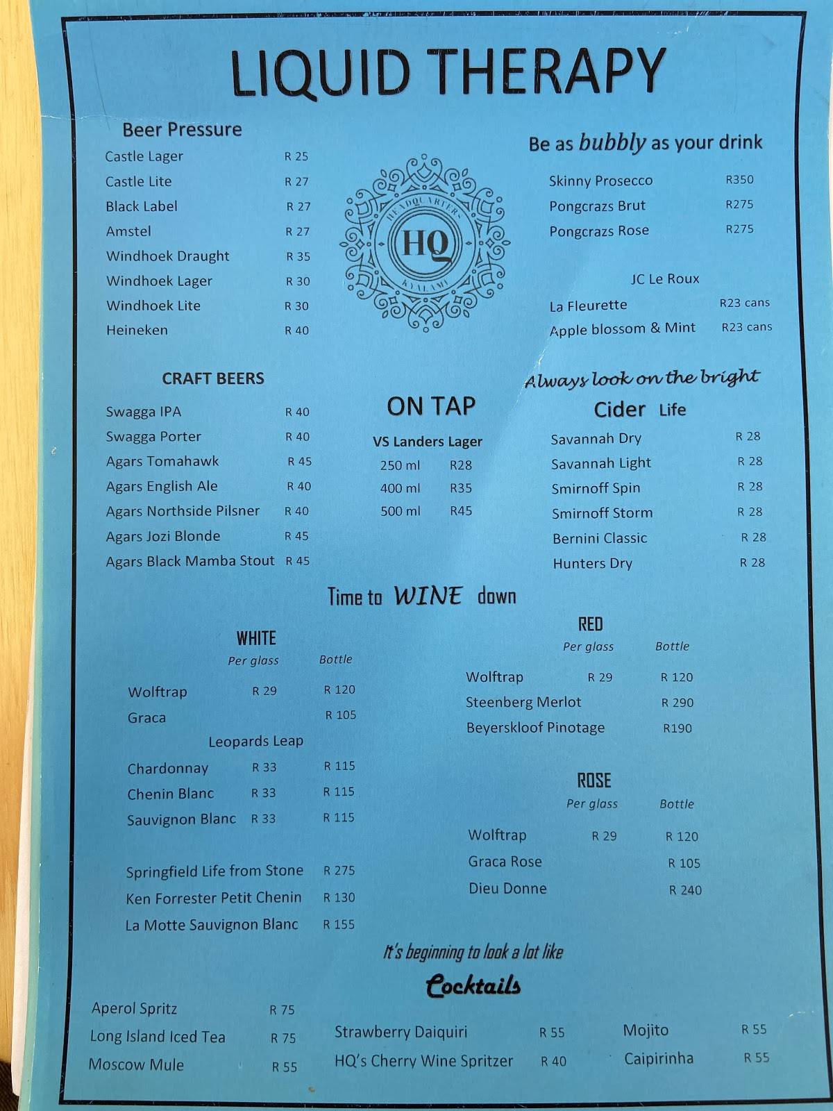 Menu at HQ Kyalami restaurant, Midrand, Kyalami Business Park