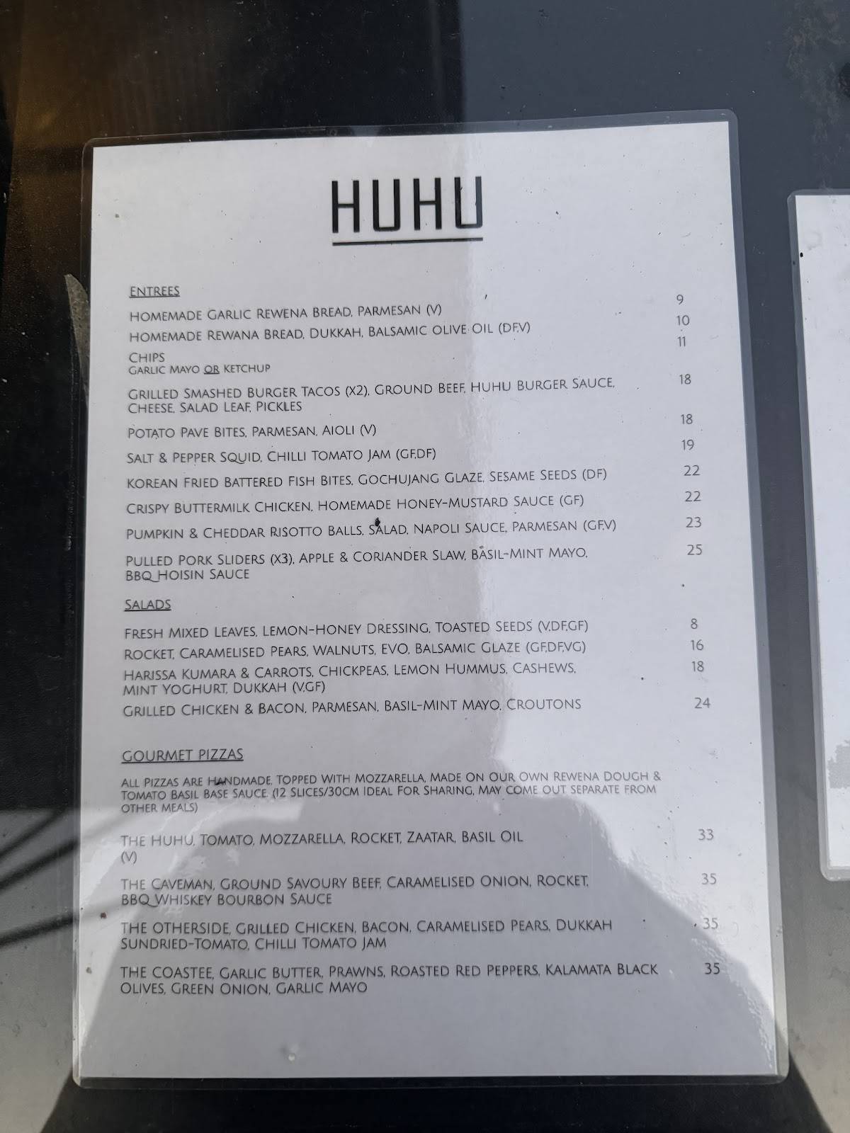 Menu at HUHU Cafe, Waitomo