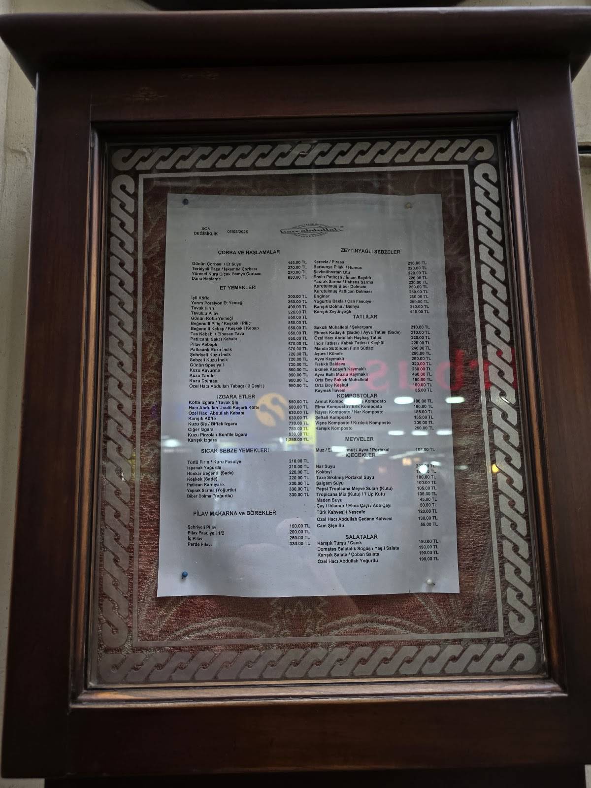 Menu at Hacı Abdullah Lokantası restaurant, Istanbul, Atif Yilmaz Sok ...