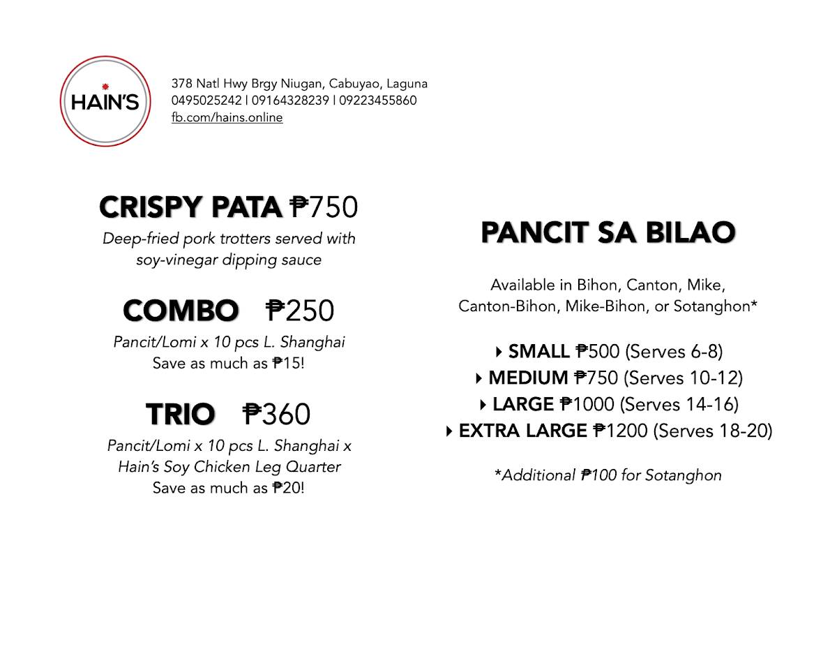 Menu at Hain's (Restaurant/Catering), Cabuyao