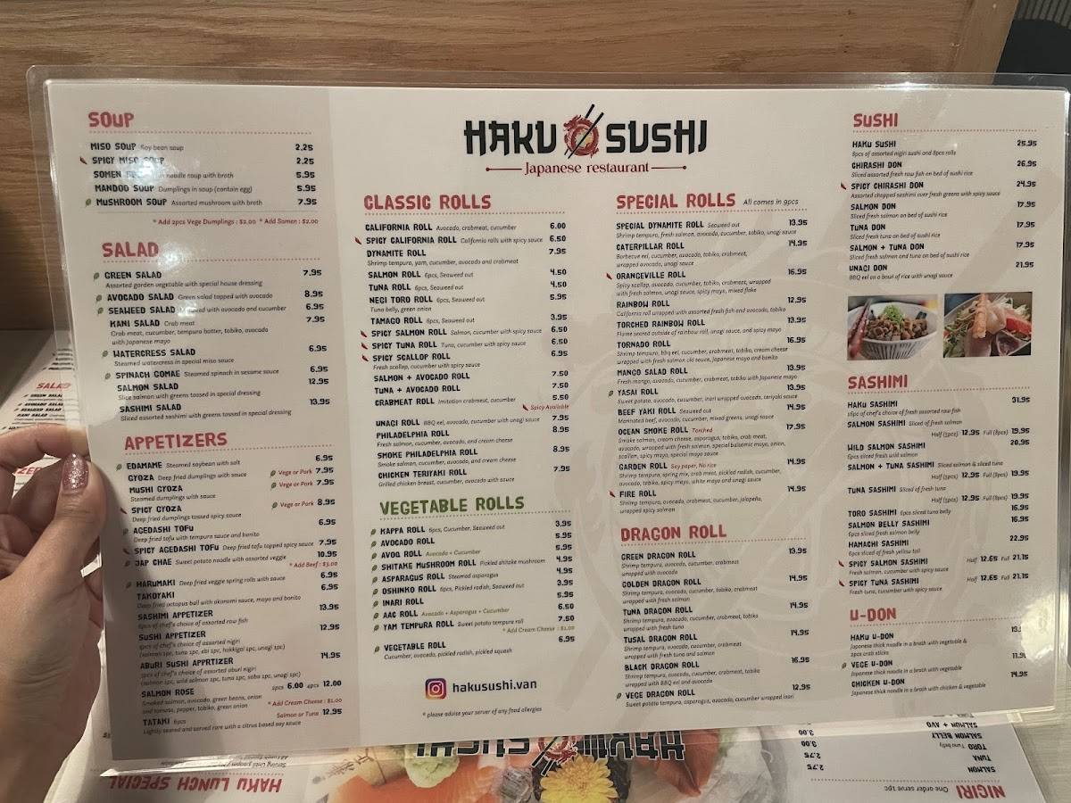 Menu at Haku Sushi restaurant, Burnaby