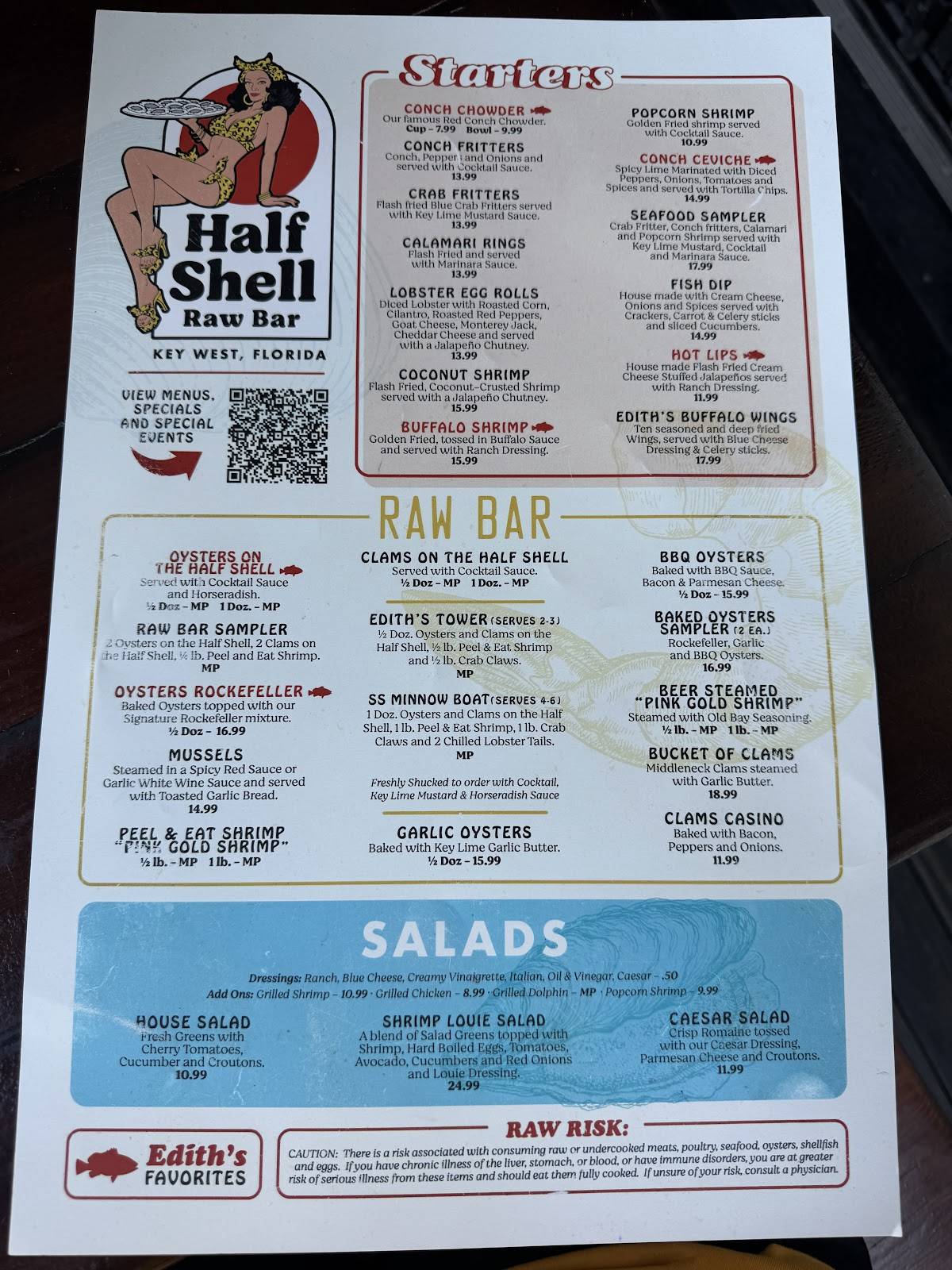 Menu at Half Shell Raw Bar, Key West