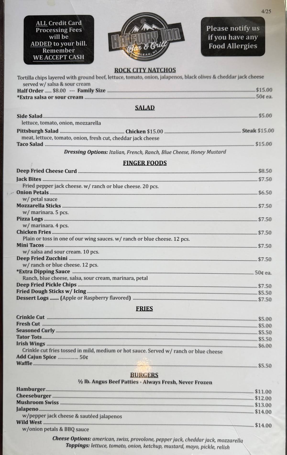 Menu at Halfway Inn pub & bar, Olean