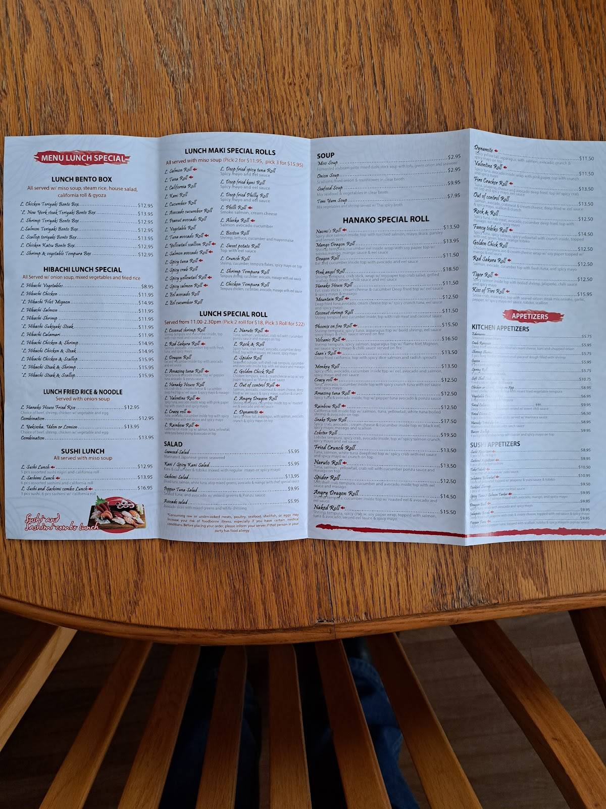Menu at Hanako Japanese restaurant, Conneaut