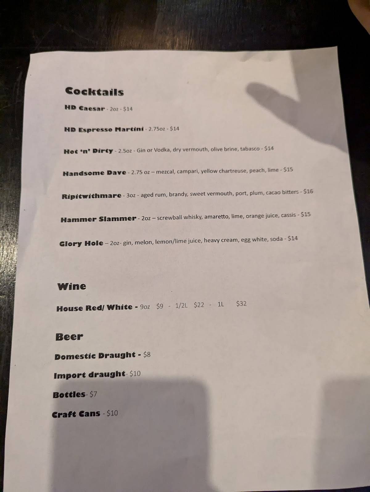 Menu at Handsome Dave’s neighbourhood bar (no longer bon temps), Hamilton