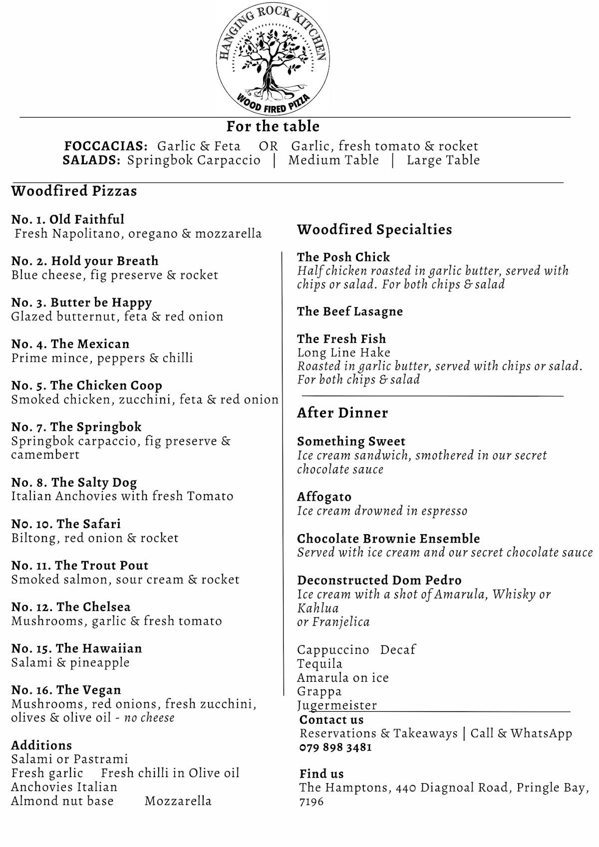 Menu at Hanging Rock Kitchen restaurant, Pringle Bay