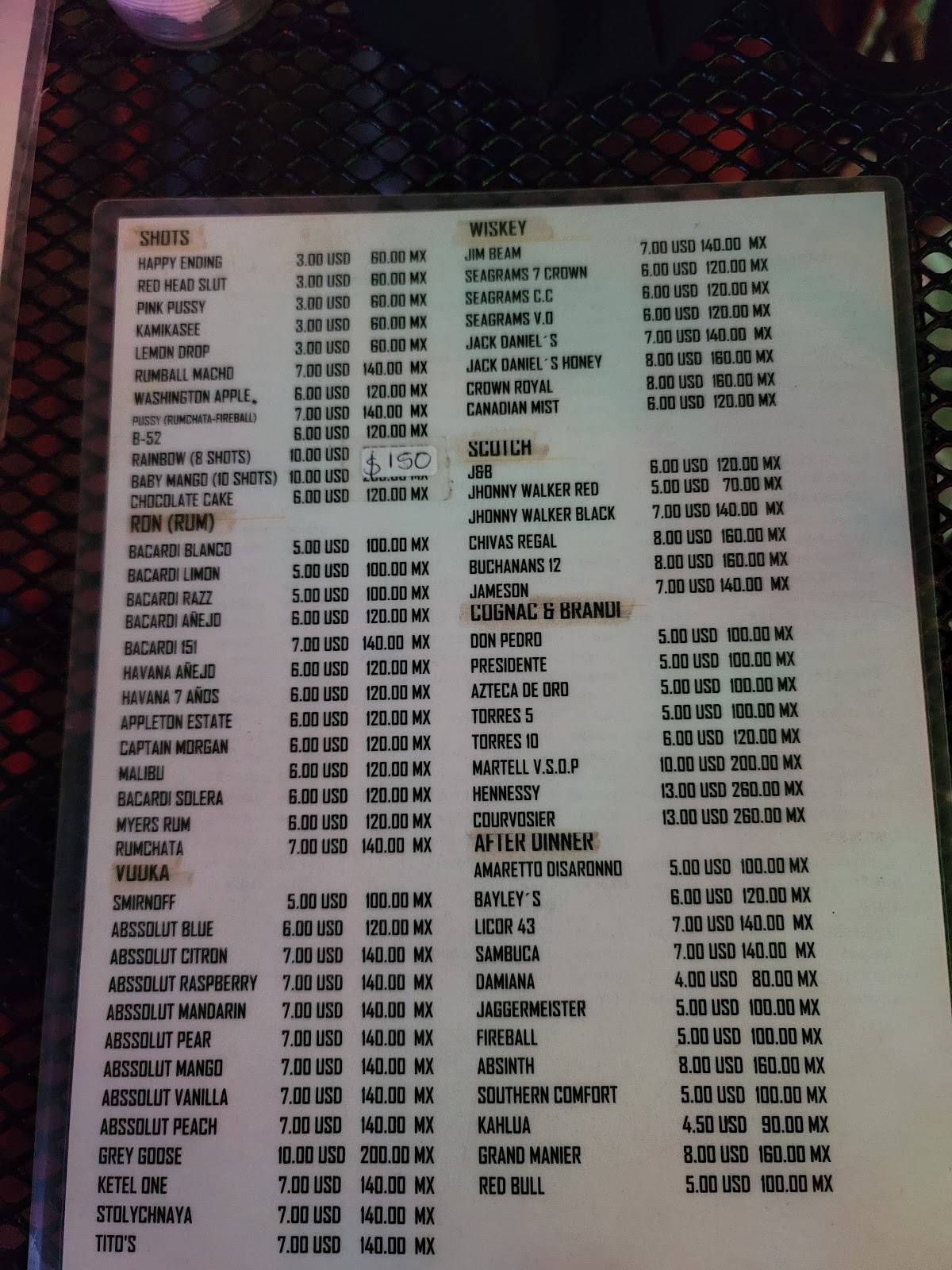 Menu at Happy Ending Cantina pub & bar, Cabo San Lucas, Blvd. Paseo de ...