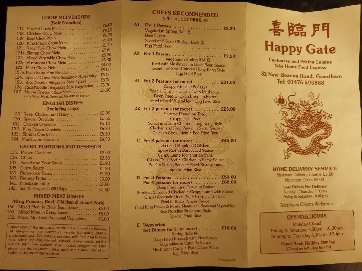 Carta de comida rápida Happy Gate Cantonese Takeaway, Grantham