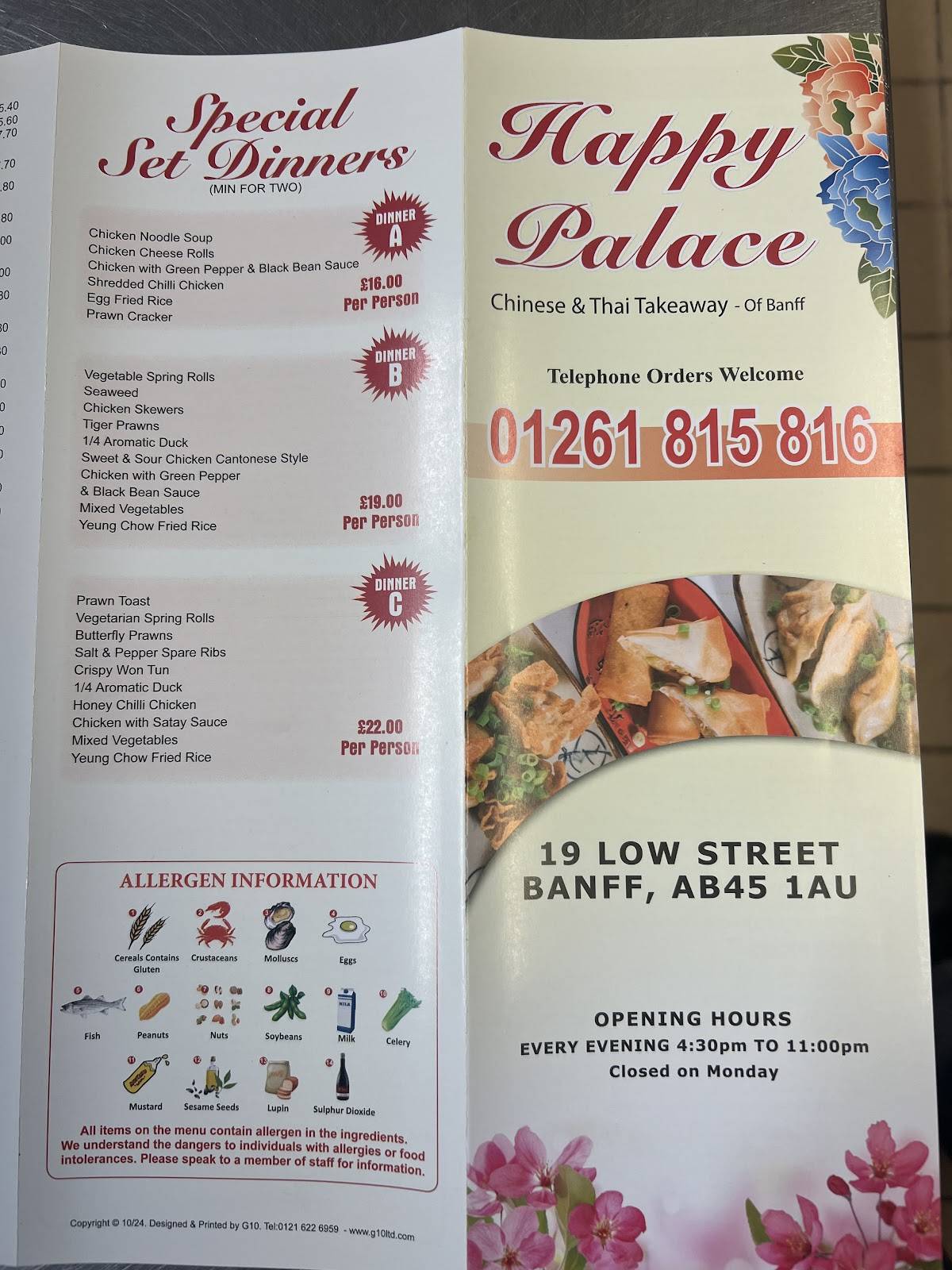 Menu at Happy Palace restaurant, Banff