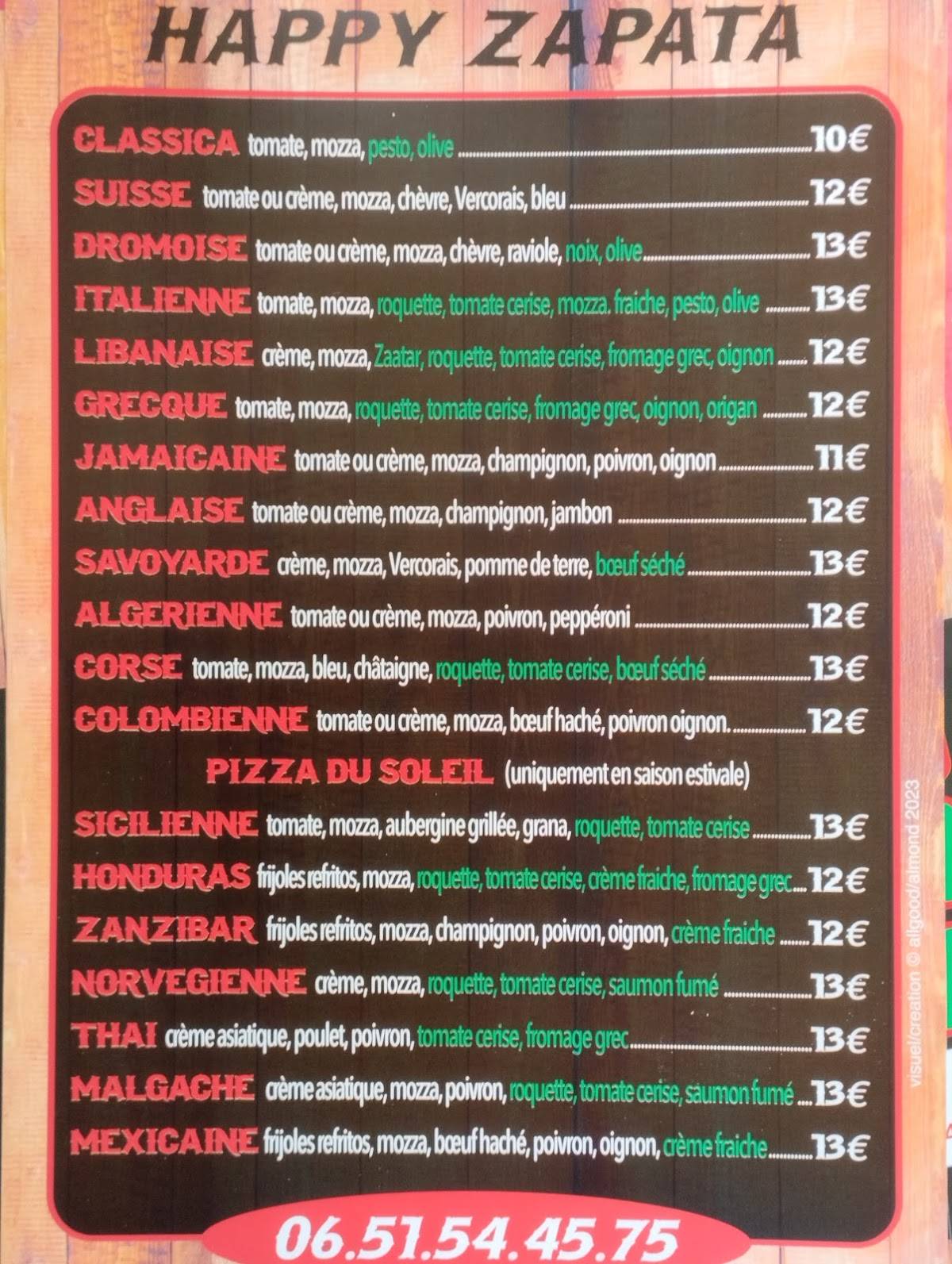 Menu au Happy Zapata food truck (voir les emplacements) restaurant, Die ...