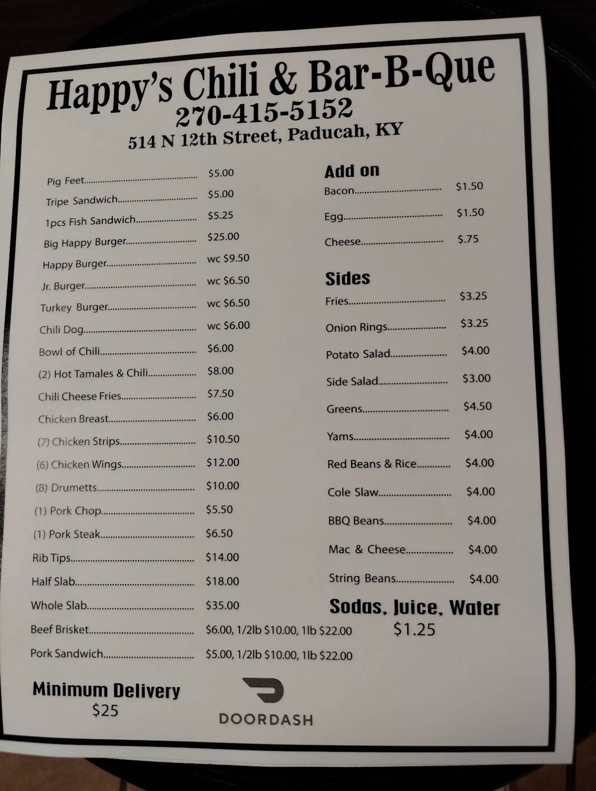 Menu at Happy's Chili Parlor BBQ, Paducah