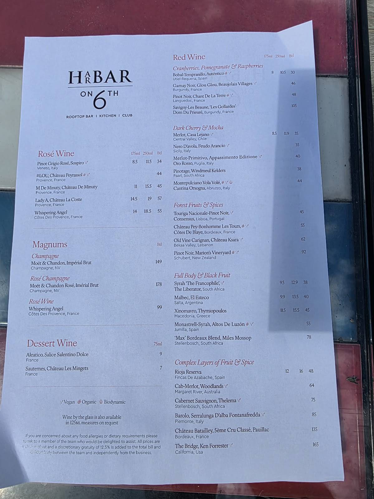 Menu at HarBAR on 6th, Southampton
