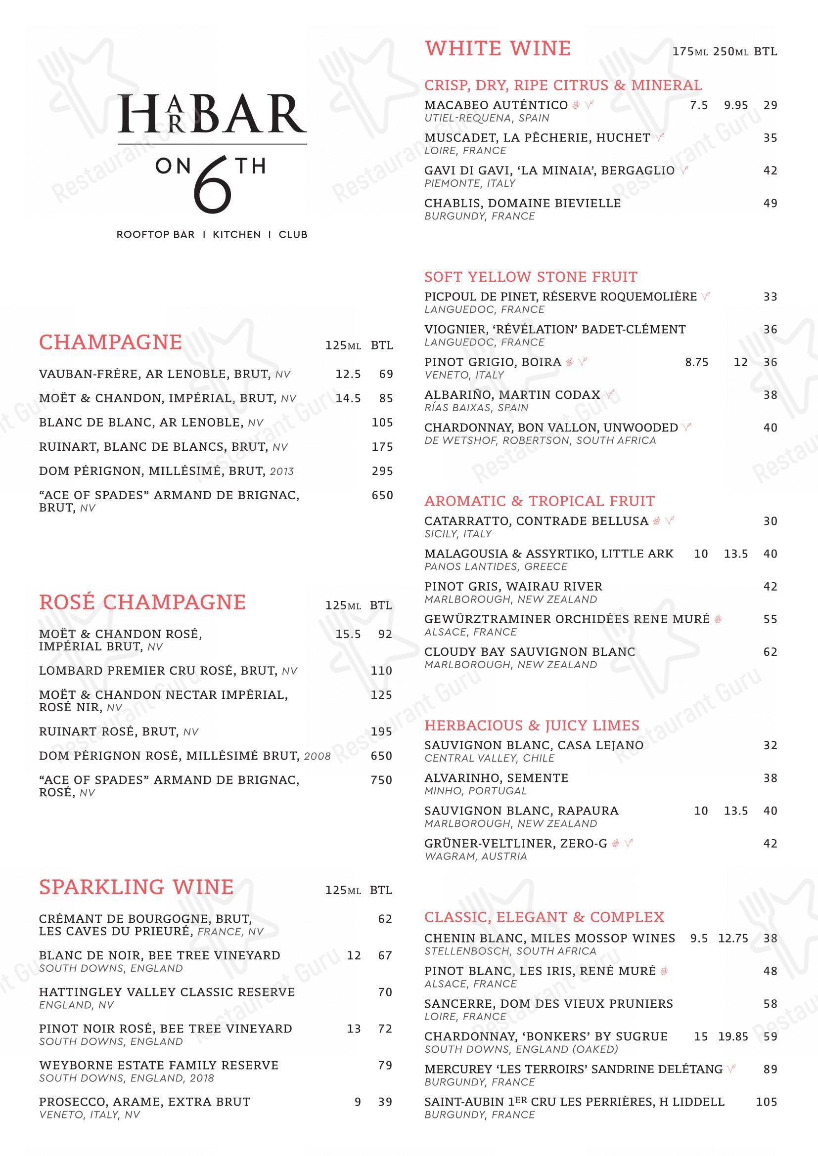 Menu at HarBAR on 6th, Southampton