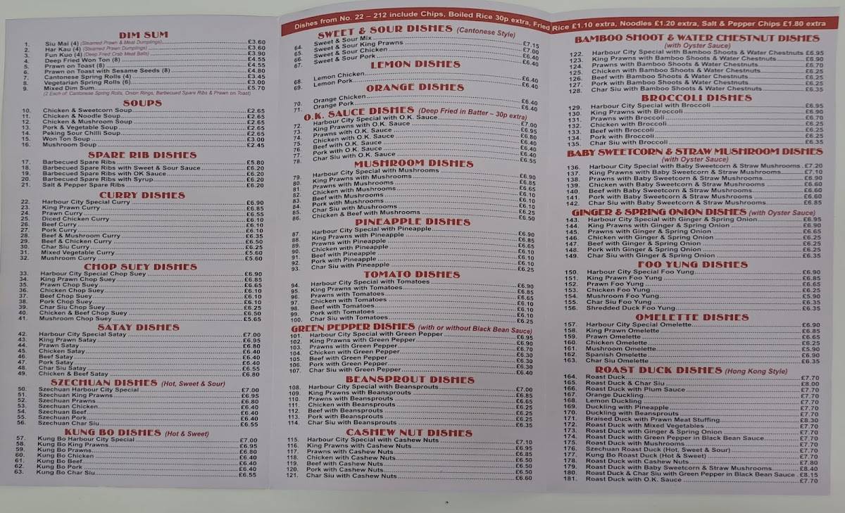 Menu at Harbour City fast food, Leeds