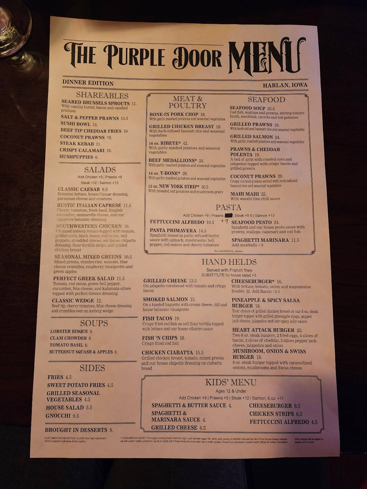 Menu at The Purple Door restaurant, Harlan