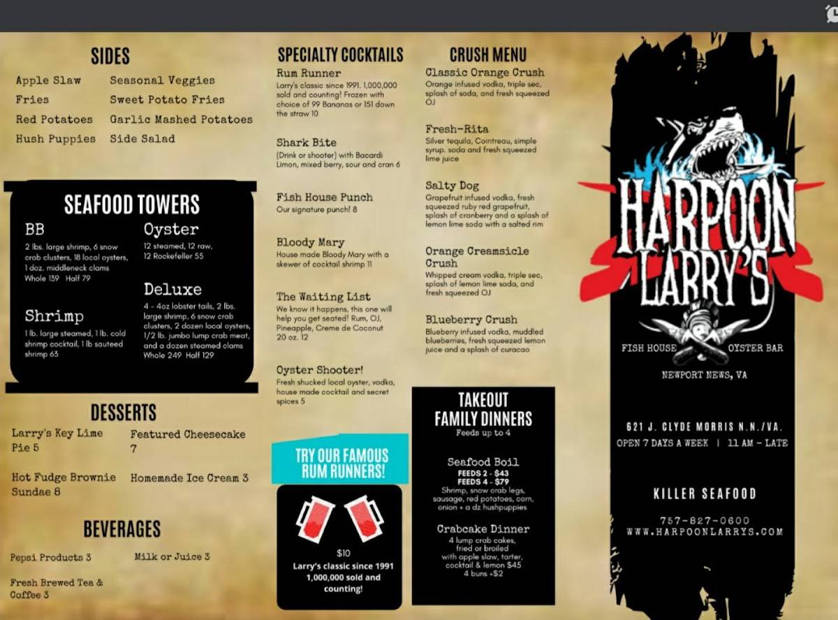 Menu at Harpoon Larry's Fish House & Oyster Bar, Newport News