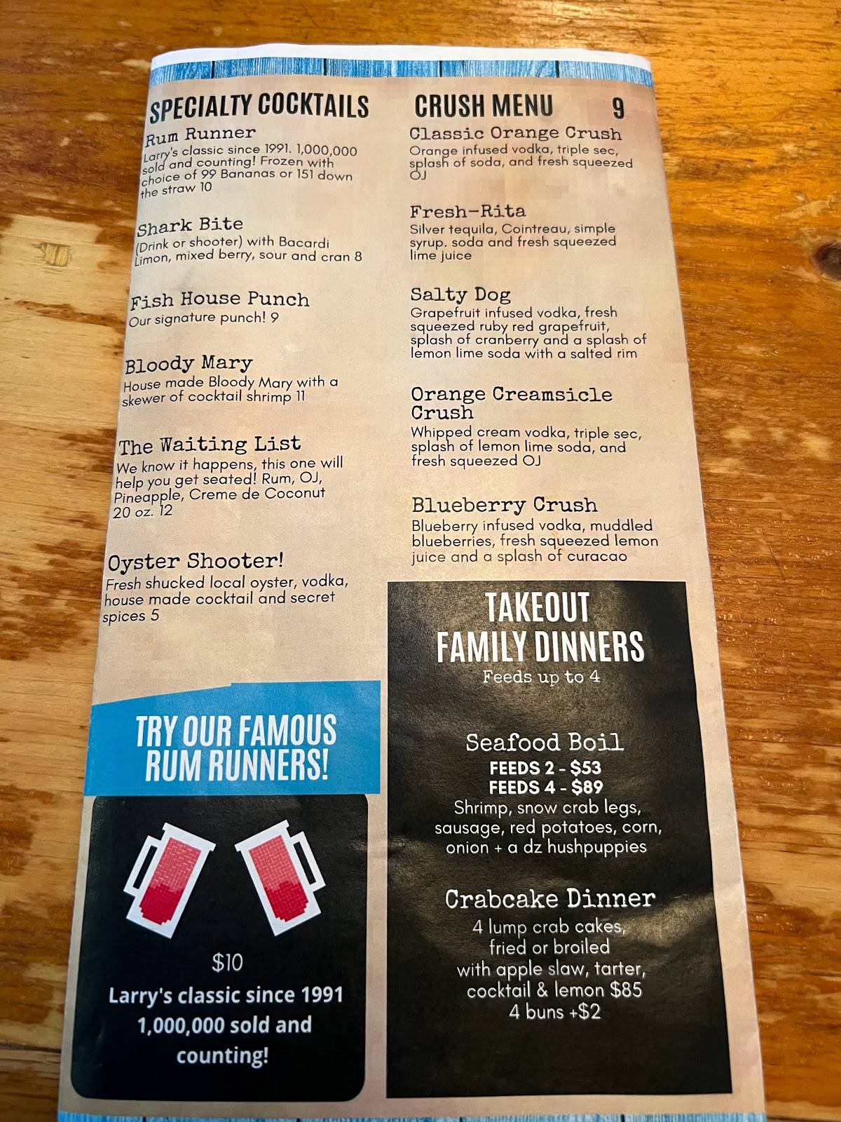 Menu at Harpoon Larry's Fish House & Oyster Bar, Newport News