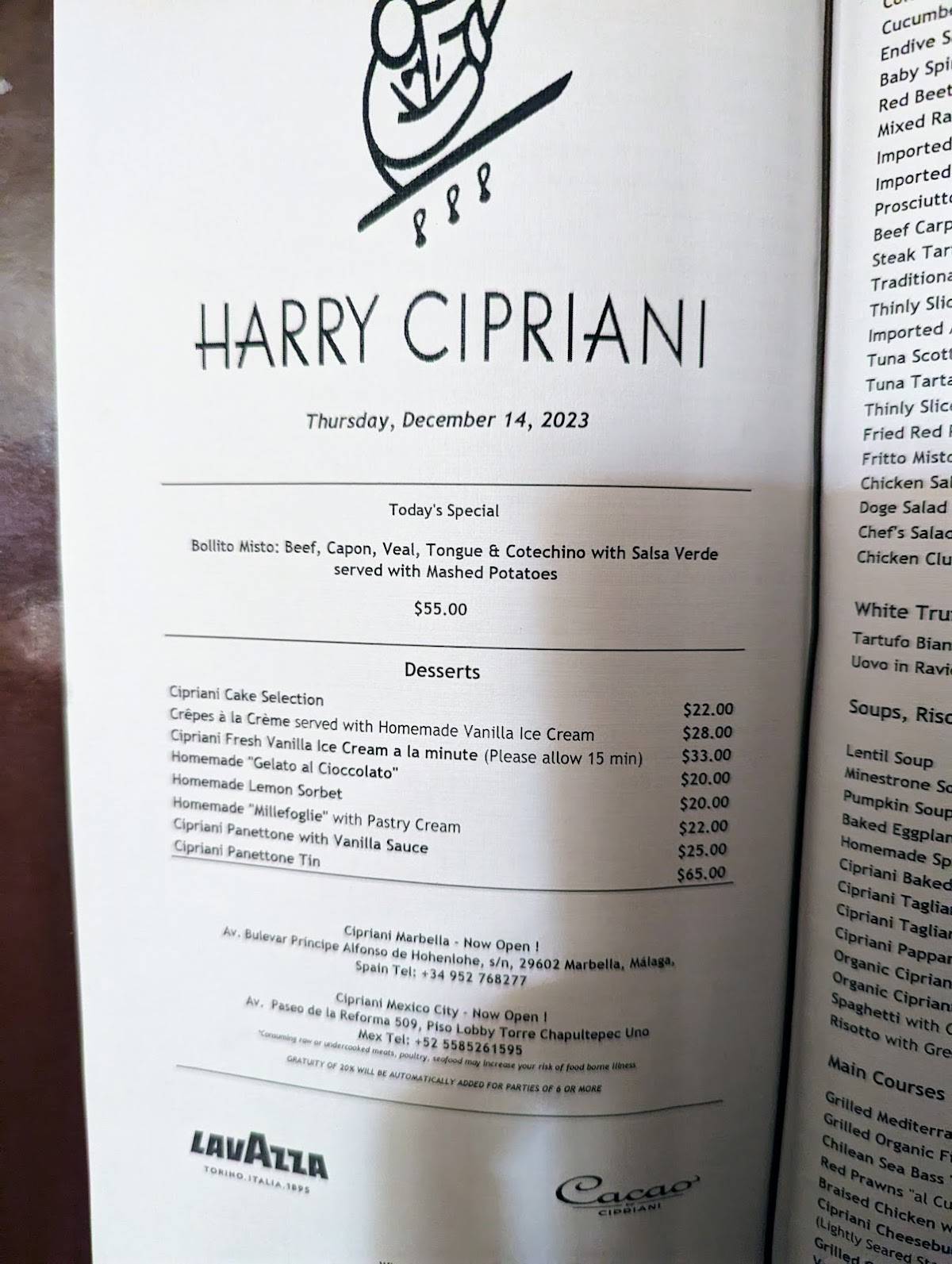 Menu at Harry Cipriani restaurant, West New York, 781 5th Ave