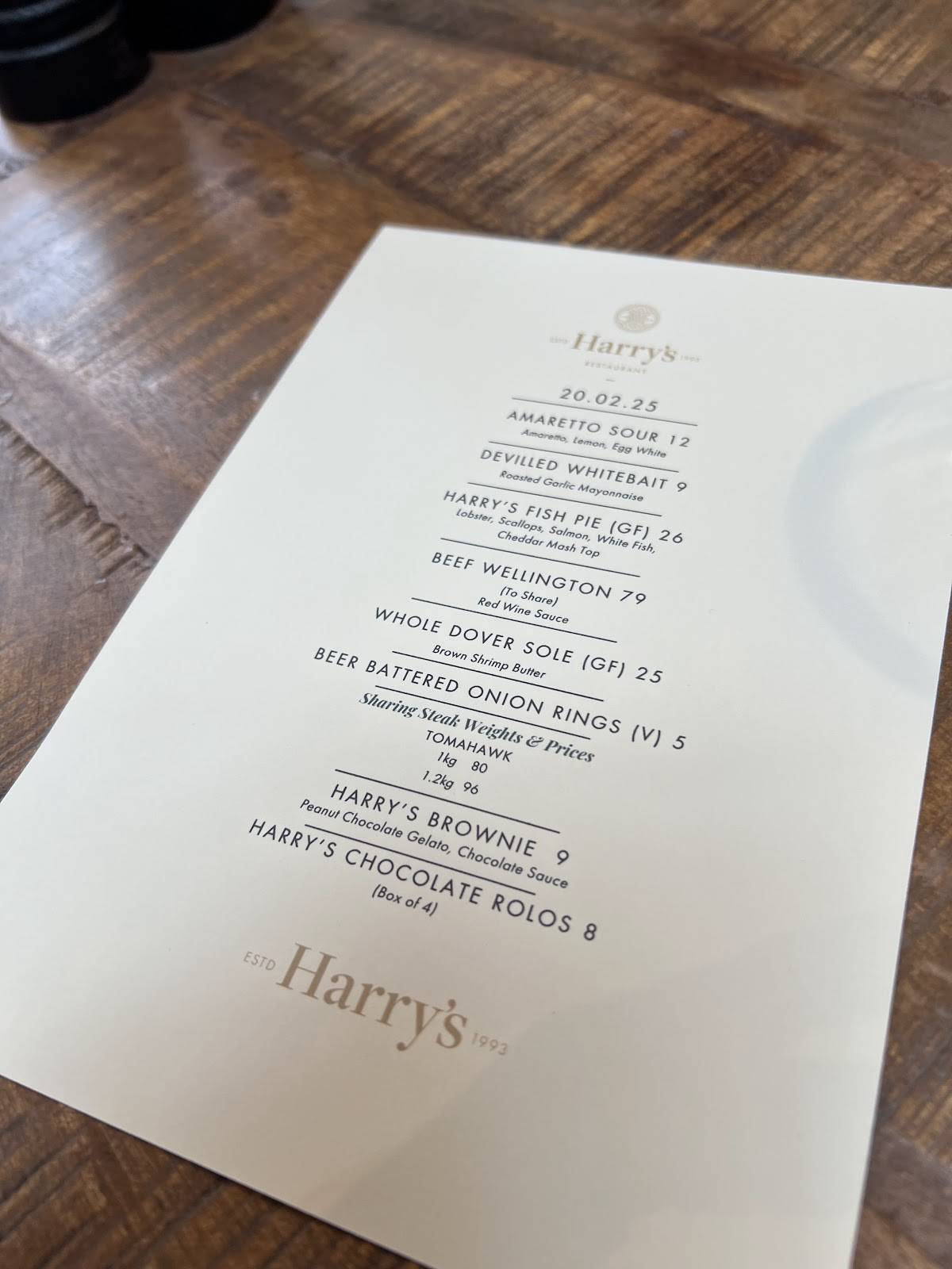 Menu at Harry's Restaurant, Exeter