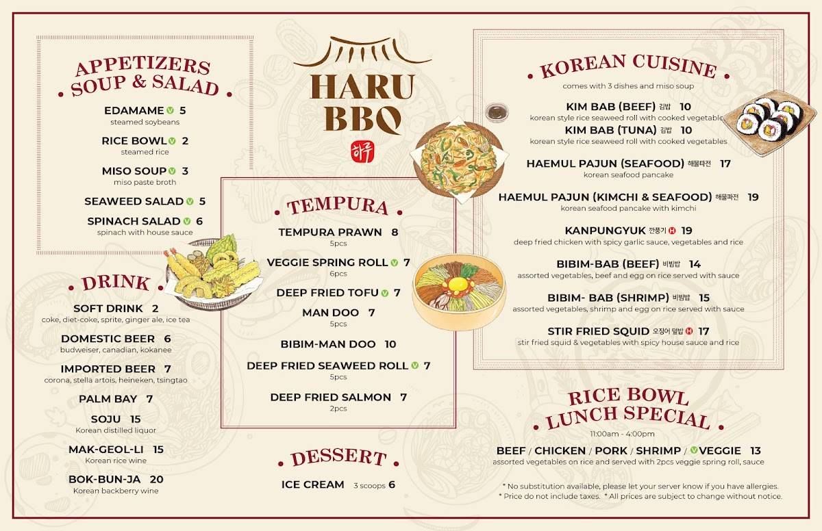 Carta de Haru BBQ Korean Restaurant, Nanaimo