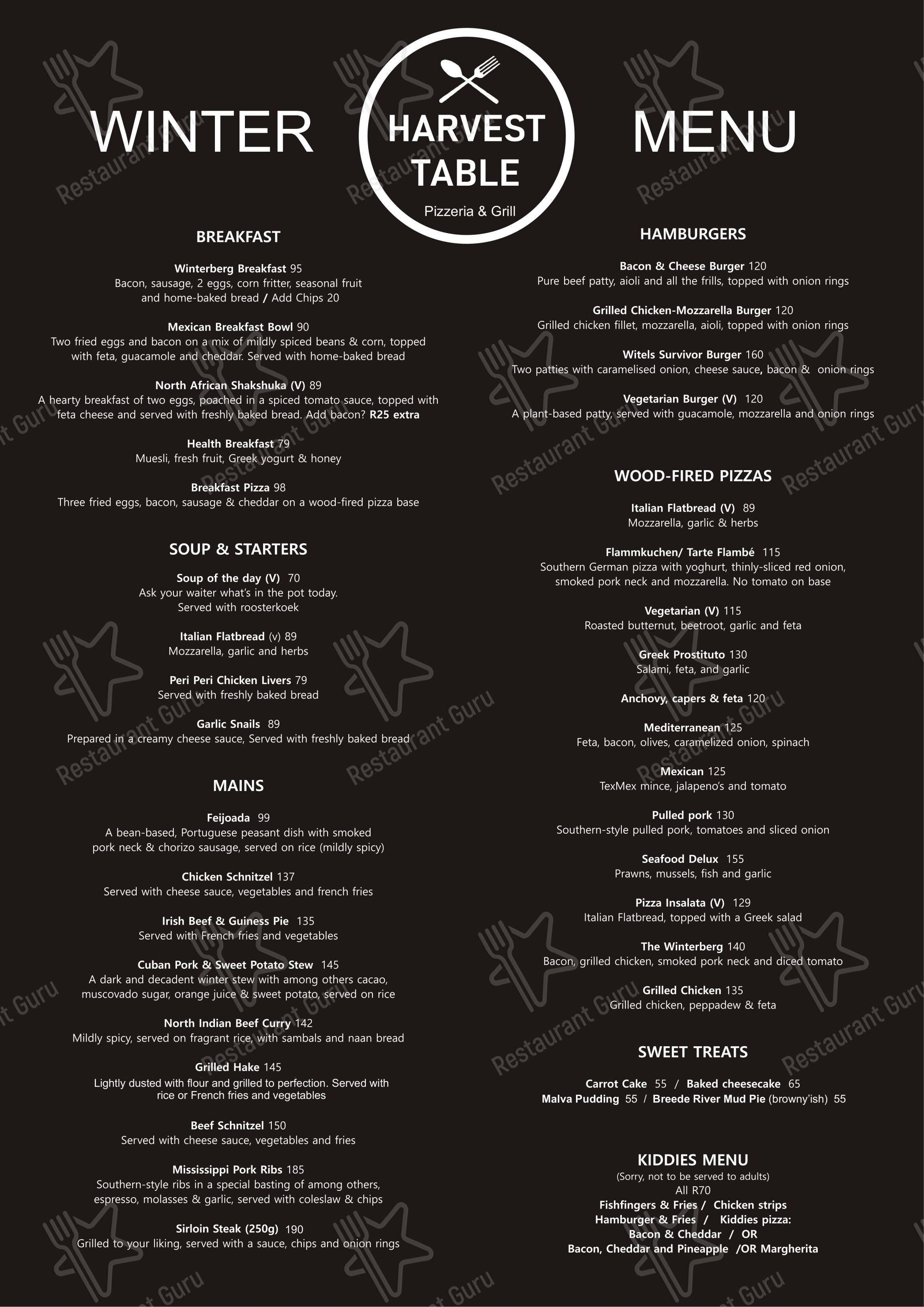Menu at Harvest Table Bistro @ Winterberg Inn restaurant, South Africa