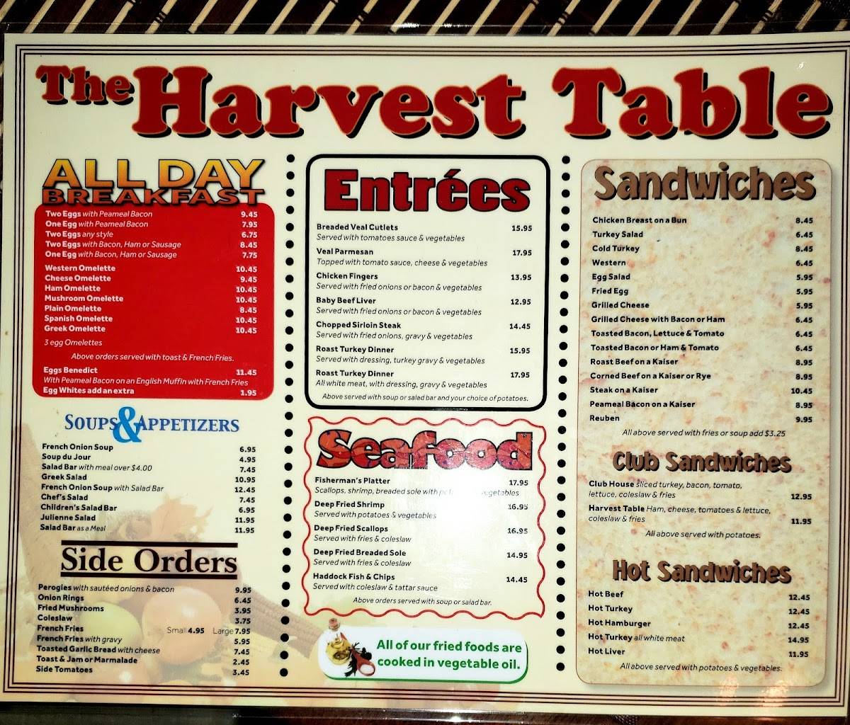 Menu at Harvest Table restaurant, Burlington