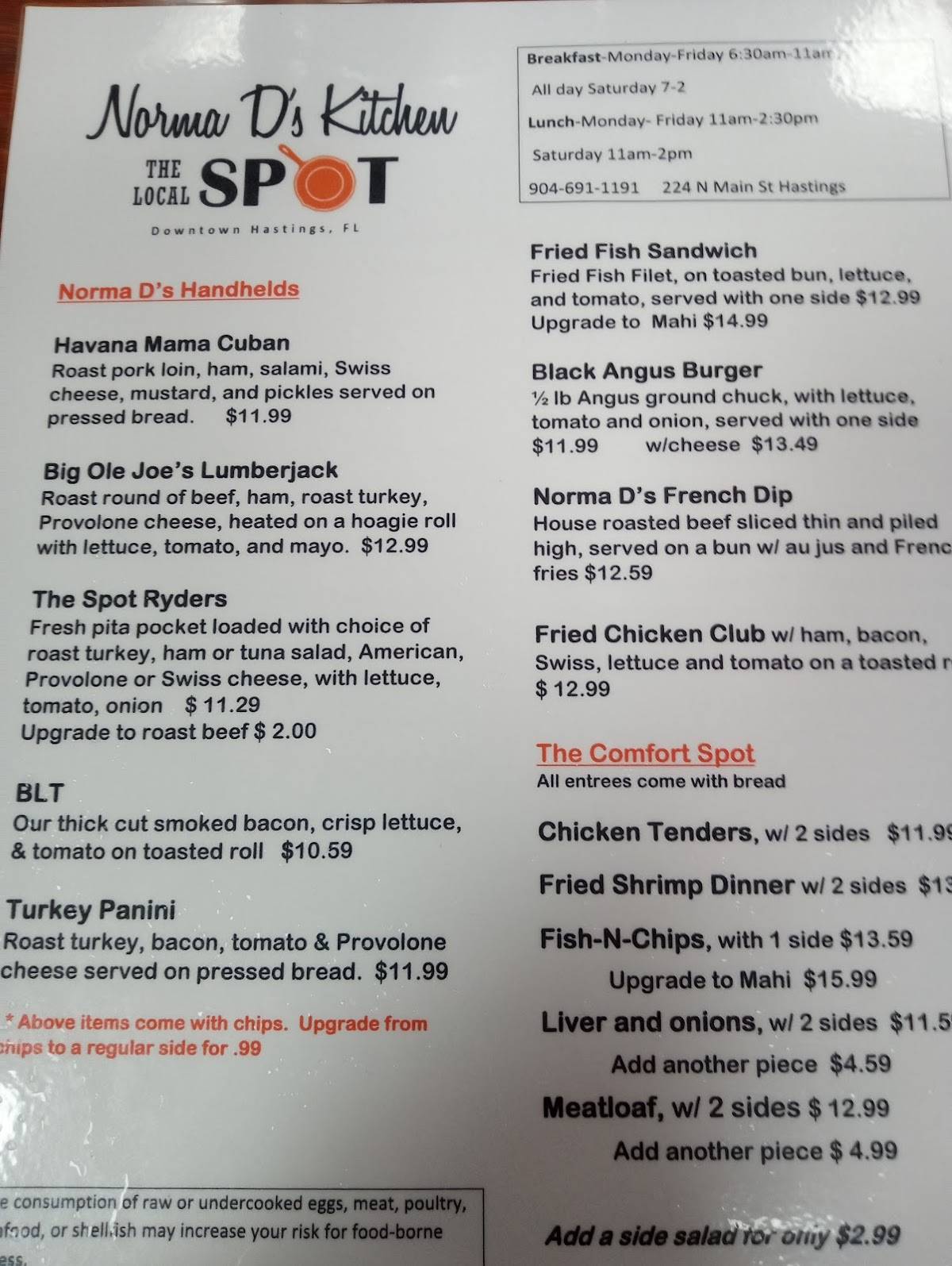 Menu at Norma D’s restaurant, Hastings