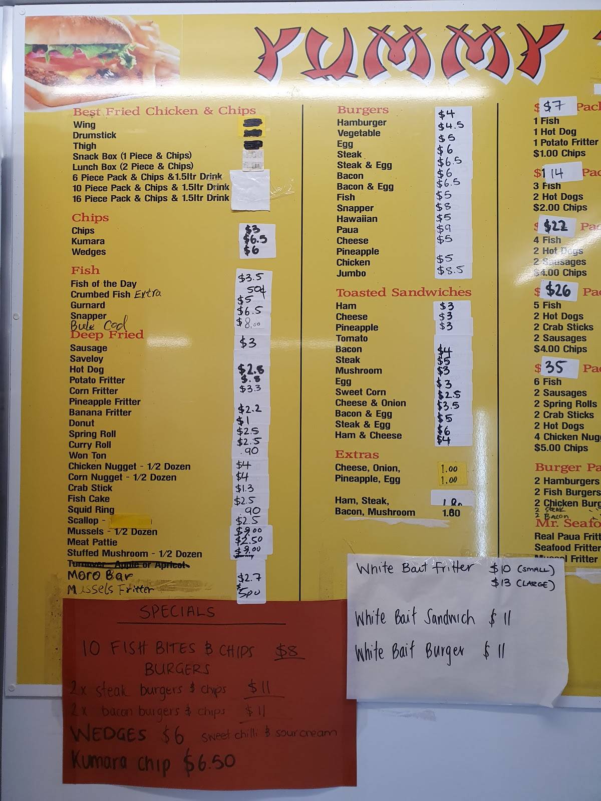 Menu at Yummy's Takeaways restaurant, Hawera