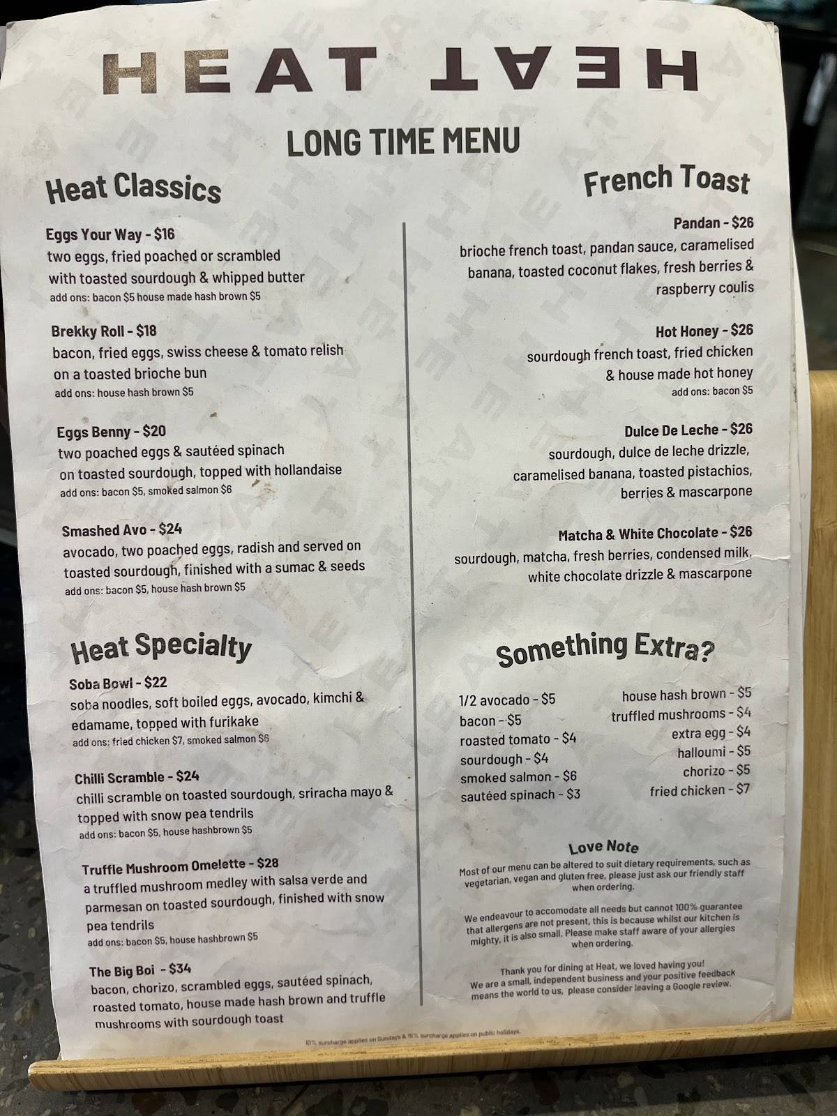 Menu at Heat Cafe, North Adelaide