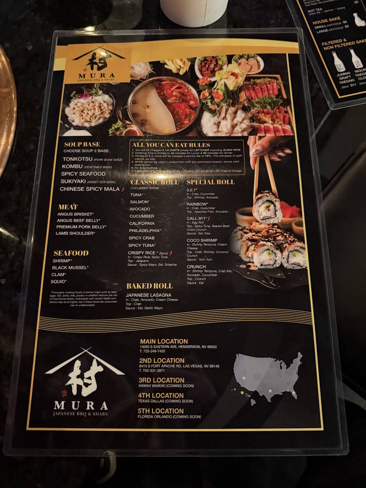 Menu at MURA JAPANESE BBQ & SHABU, Henderson