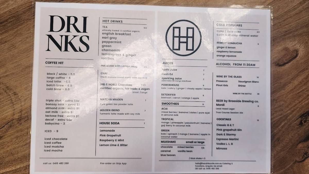 Menu at Hendriks Cafe, Mordialloc
