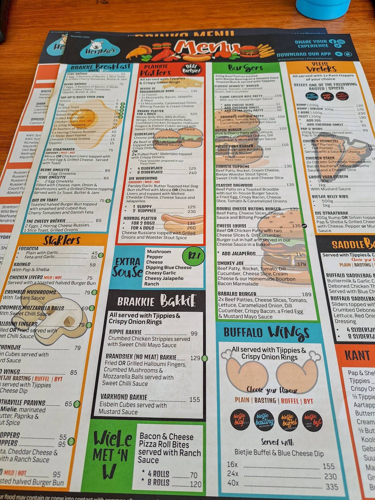 Menu at Hennie's Robertson Restaurant, Robertson
