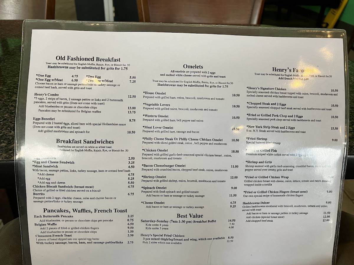 Menu at Henry's Restaurant in Pooler, Pooler