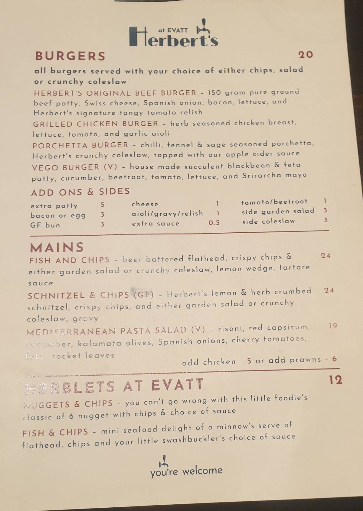 Menu at Herbert's at Evatt restaurant, Evatt