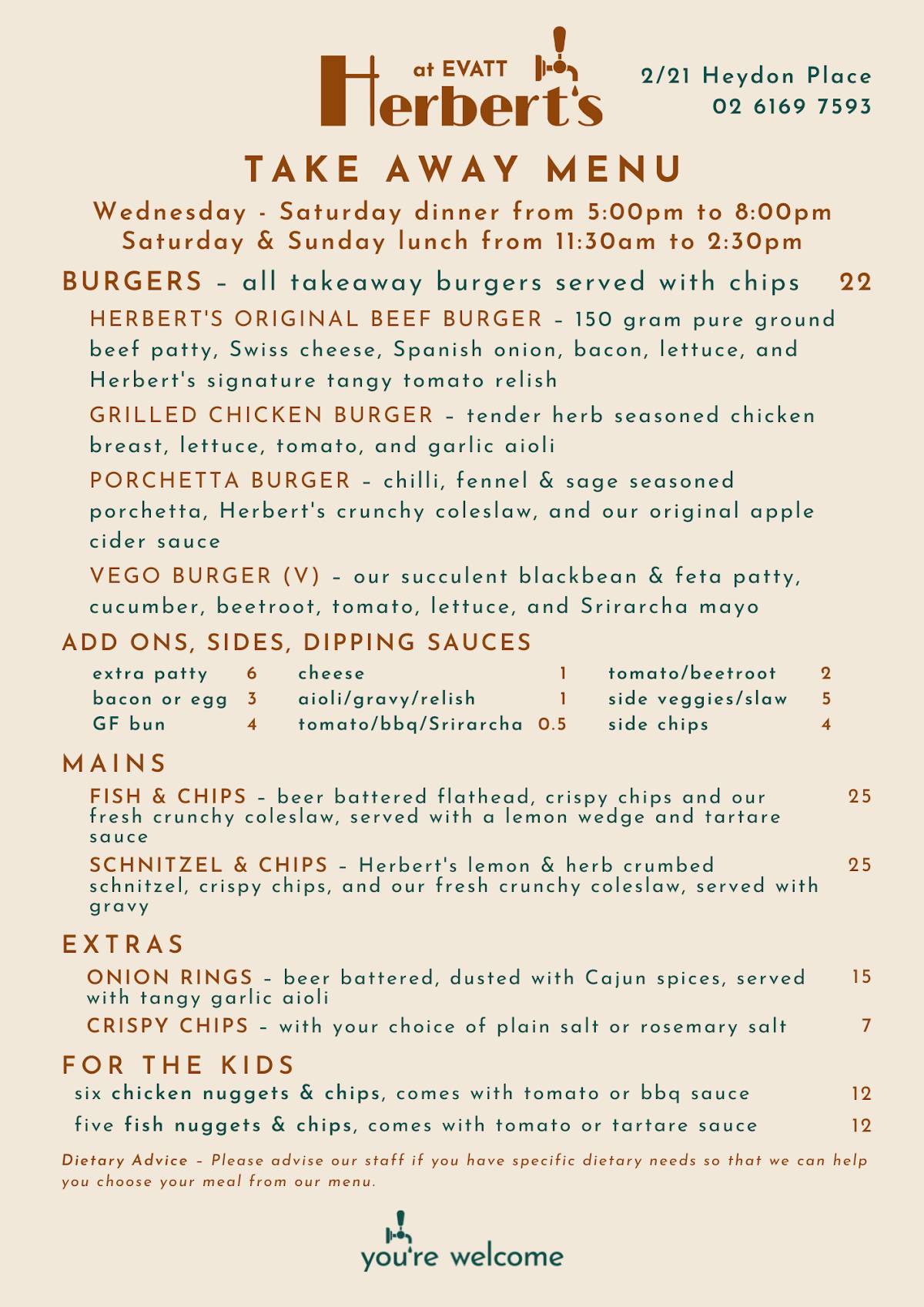 Menu at Herbert's at Evatt restaurant, Evatt