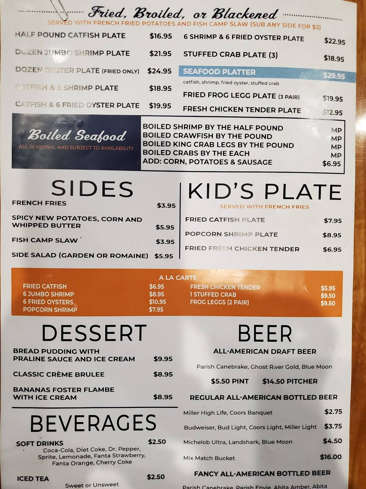 Menu at The Parish Oyster Bar & Restaurant, Hernando