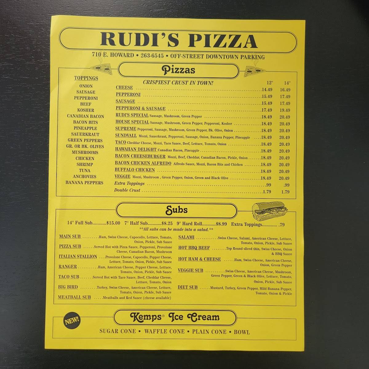 Menu at Rudi's Pizza pizzeria, Hibbing