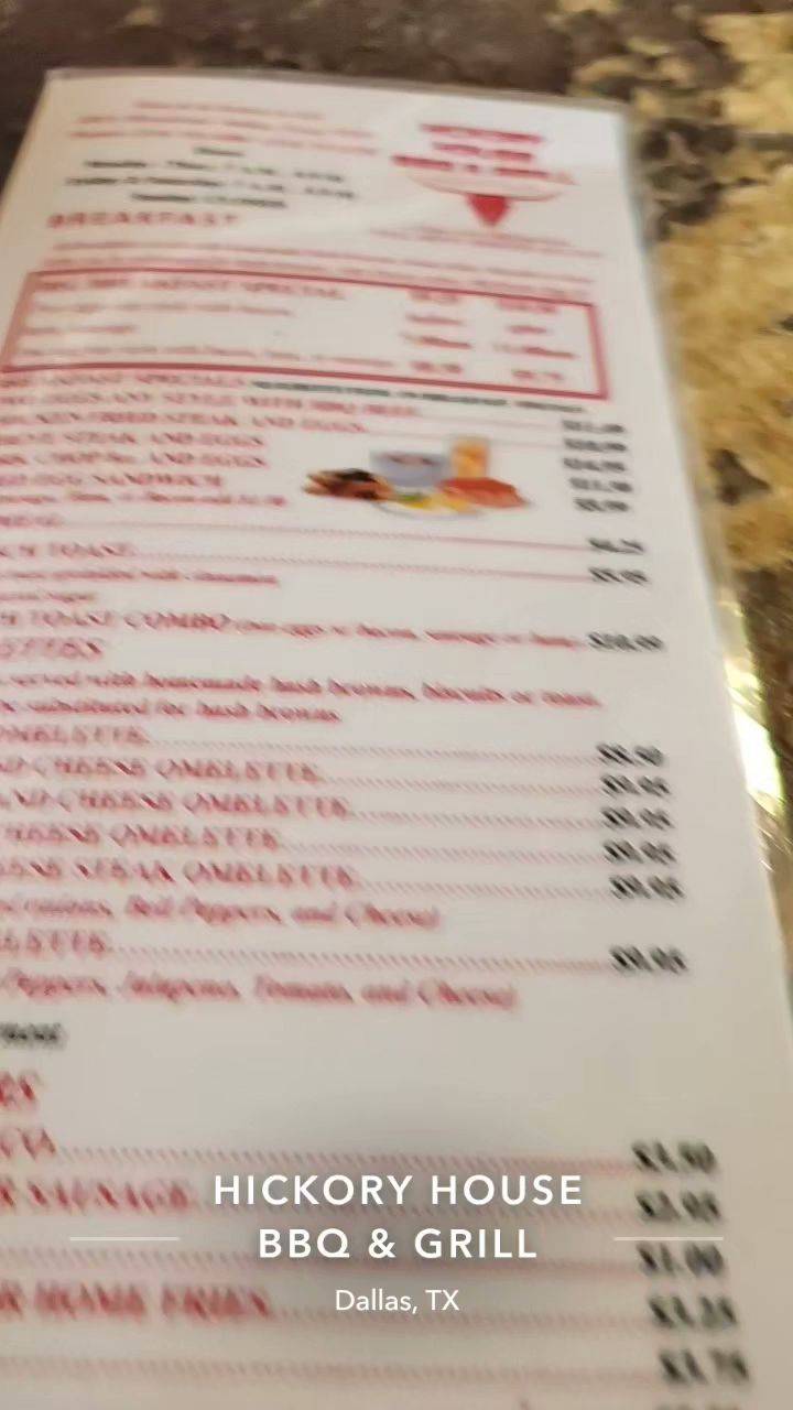Menu at Hickory House Barbecue, Dallas, 600 S Riverfront Blvd