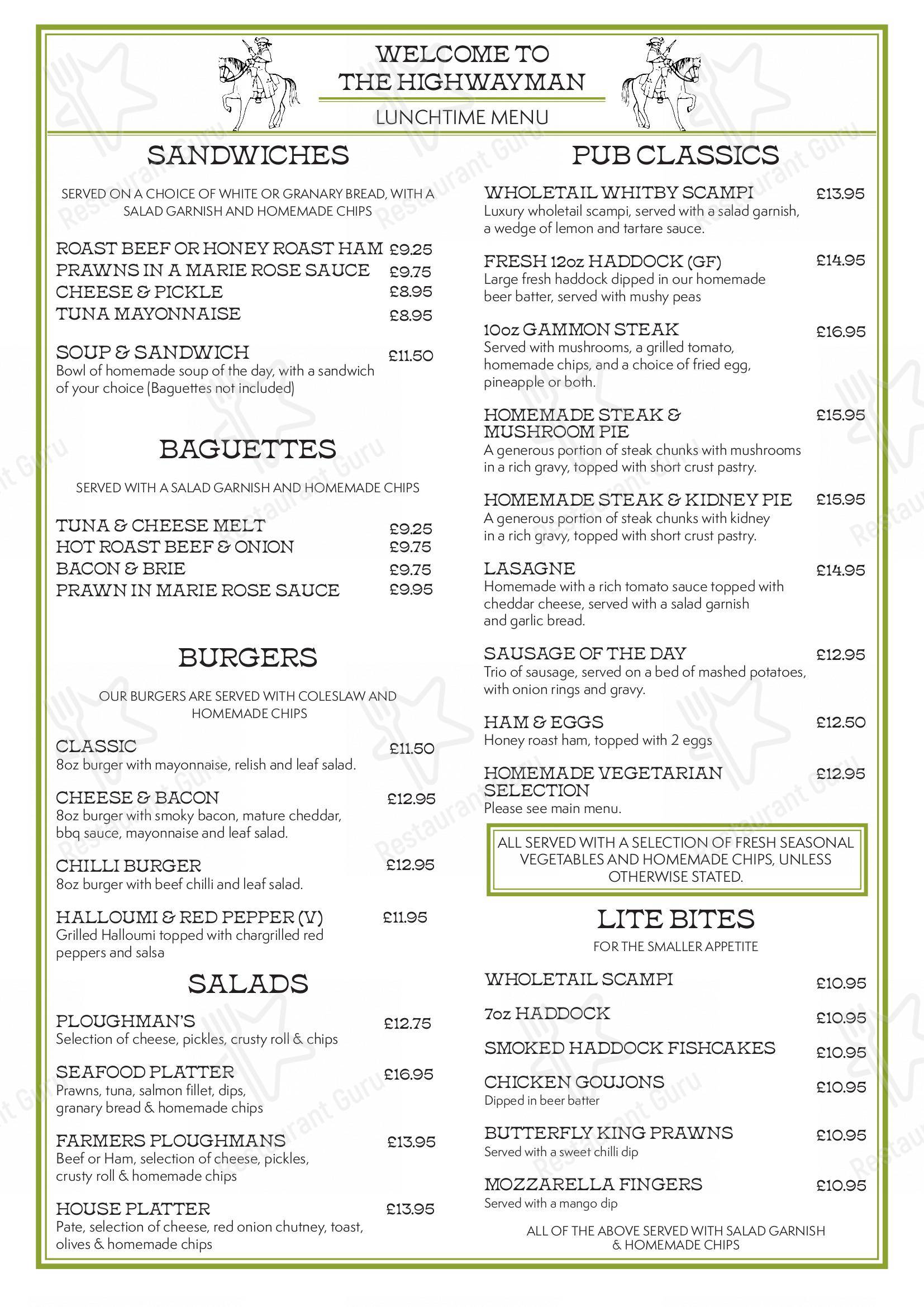 Menu at Highwayman Inn pub & bar, Sheriff Hutton, The Square