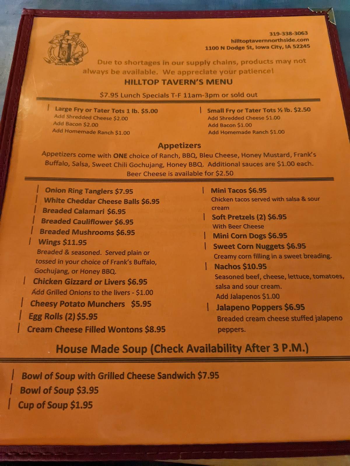 Menu at Hilltop Tavern Ltd. pub & bar, Iowa City